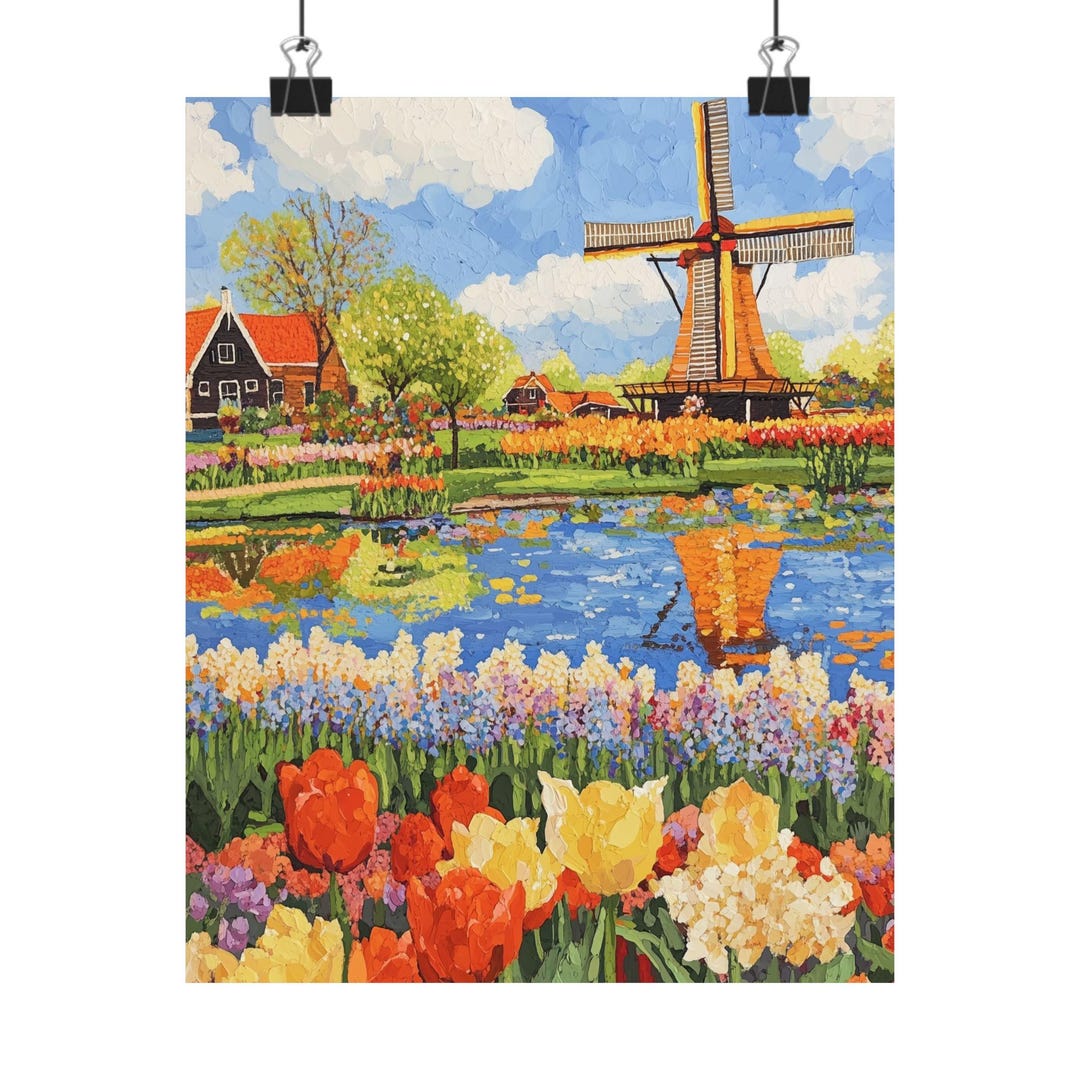 Keukenhof Gardens Gouache Art Print Dutch Windmill Tulips