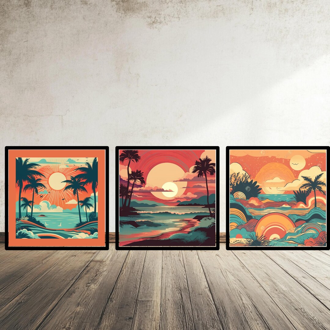 Retro Beach Prints: Sunset Ocean Waves Art (digital Download) - Etsy