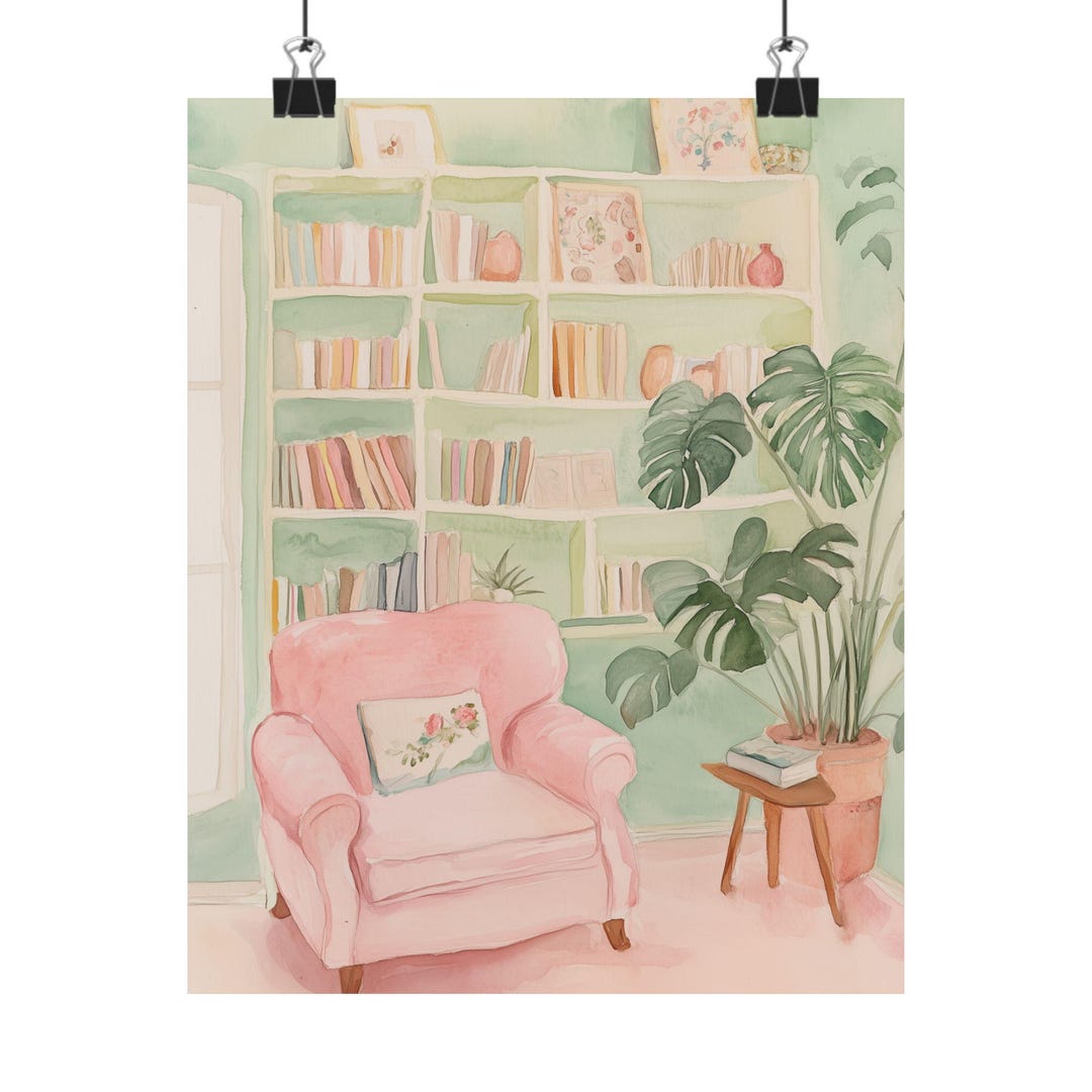 Cozy Reading Nook Art Print: Pink Chair, Bookshelf Watercolor - Etsy