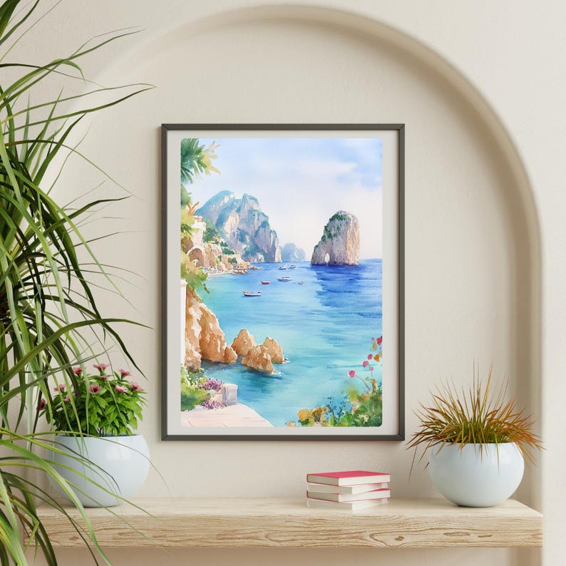 Capri Italy Watercolor Art Print: Coastal Seascape Wall Decor - Etsy