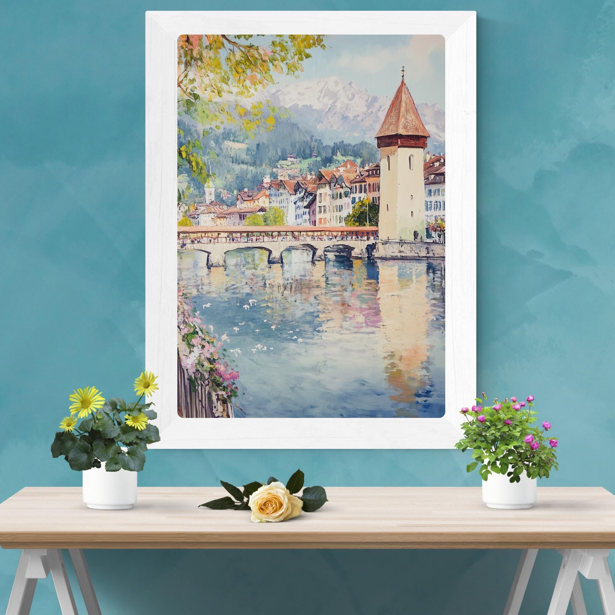 Chapel Bridge Switzerland Art Print: Lucerne Swiss Village Watercolor ...