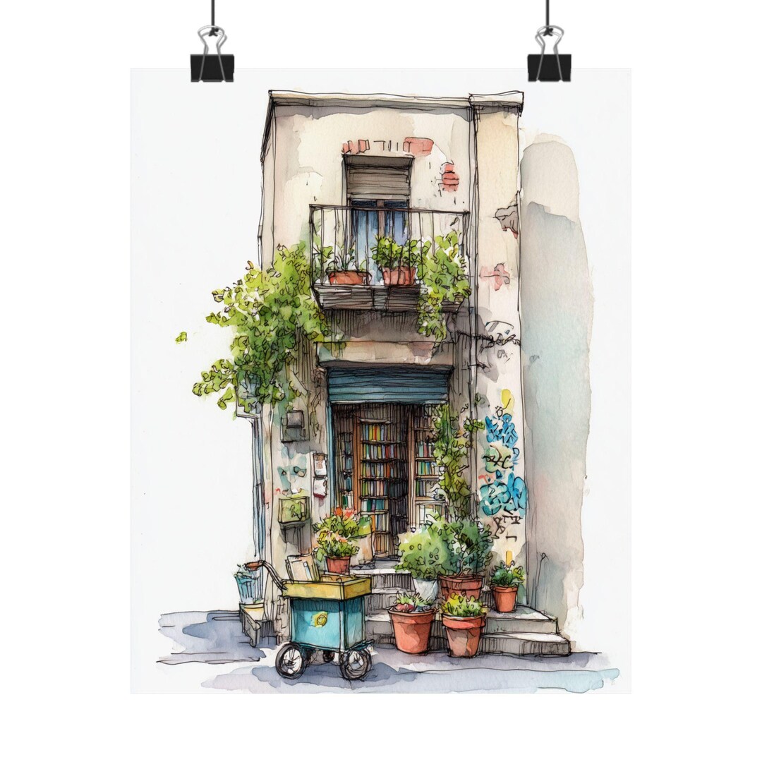 Bookstore Sketch Art Print: Rustic Watercolor Downtown Scene - Etsy