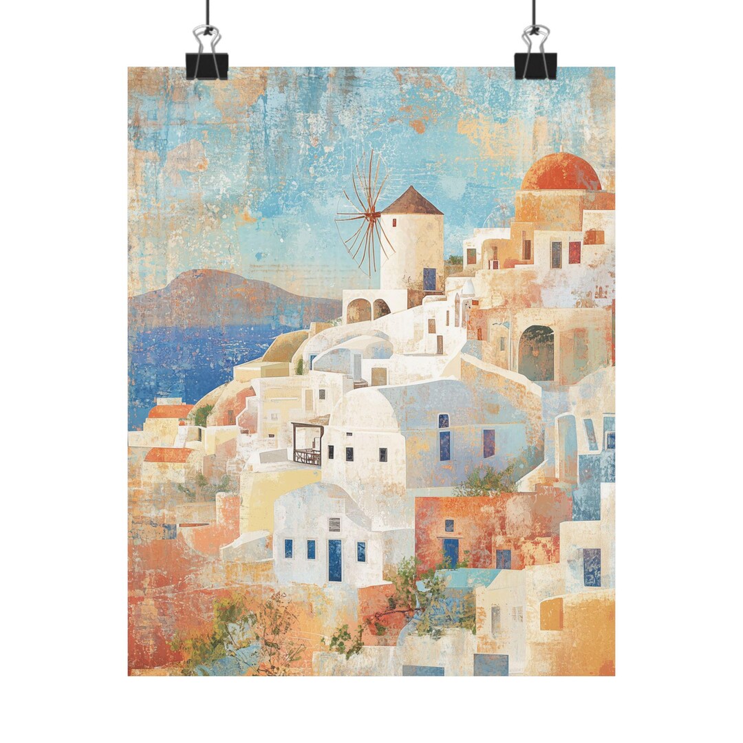 Santorini Art Print: Vintage Greek Windmill, Coastal Wall Decor - Etsy