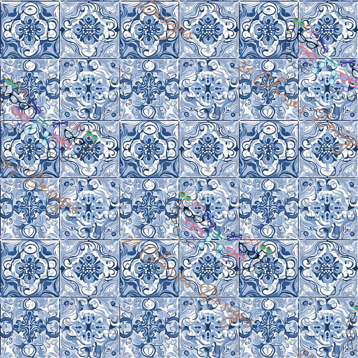 Seamless Tiles Digital Paper| Blue, White, and Silver Tiles, 12 Unique ...