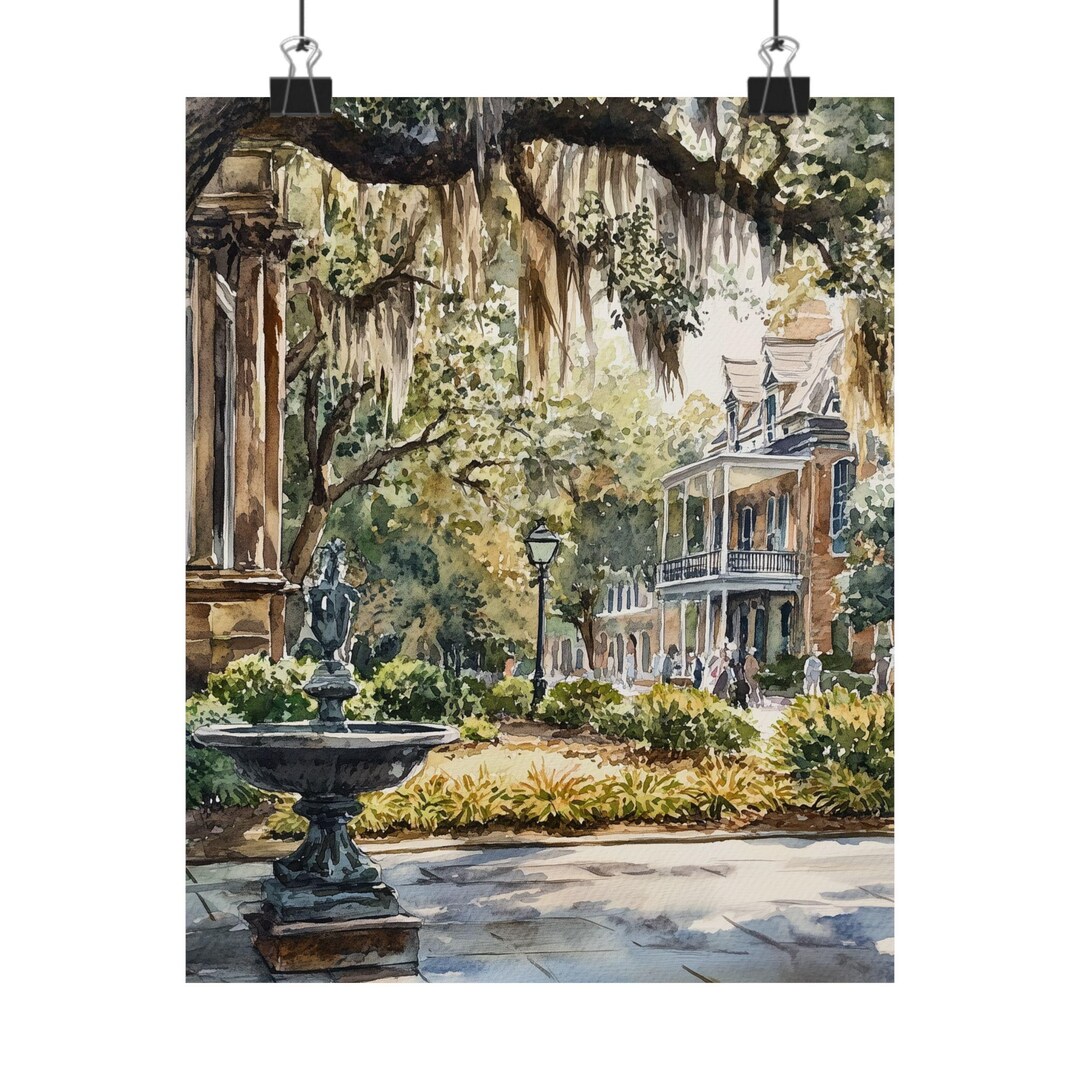 Savannah Georgia Art Print: Historic Town Square Watercolor Painting ...