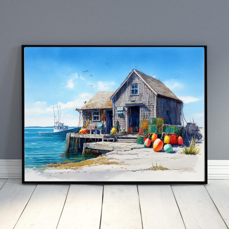 Coastal Maine Lobster Shack Art Print: Rustic Nautical Seascape - Etsy