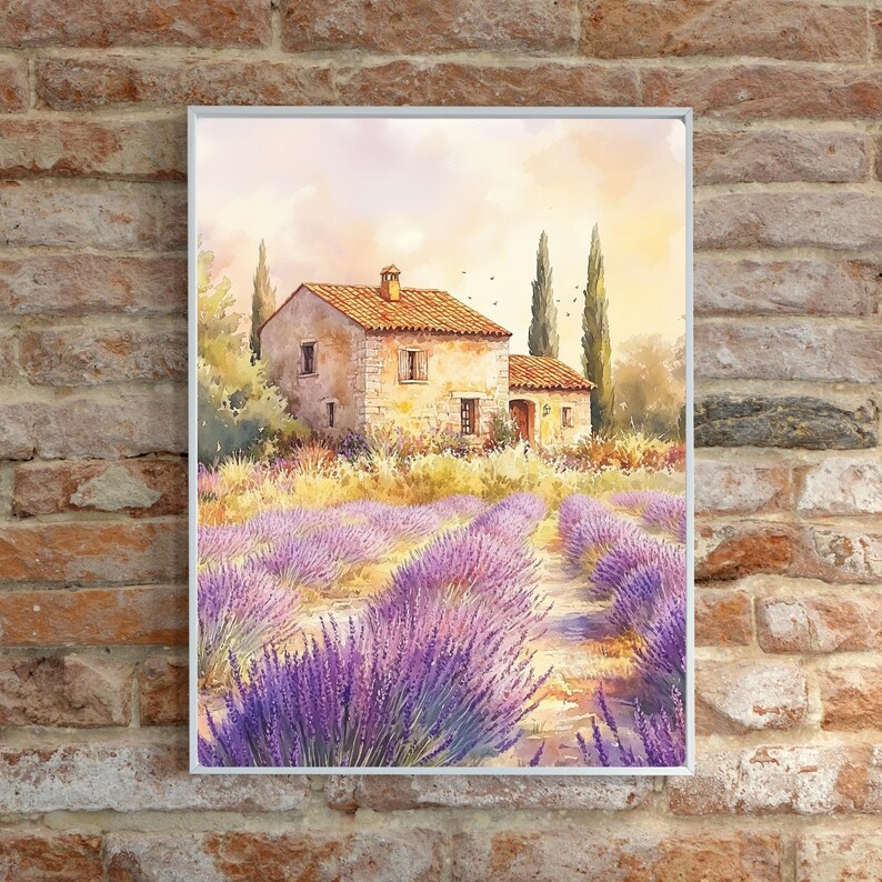 Lavender Field Art Print: Provence Stone House Watercolor Landscape ...