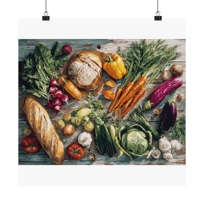 Vegetable Still Life Art Print: Rustic Kitchen Produce, Gouache Style ...