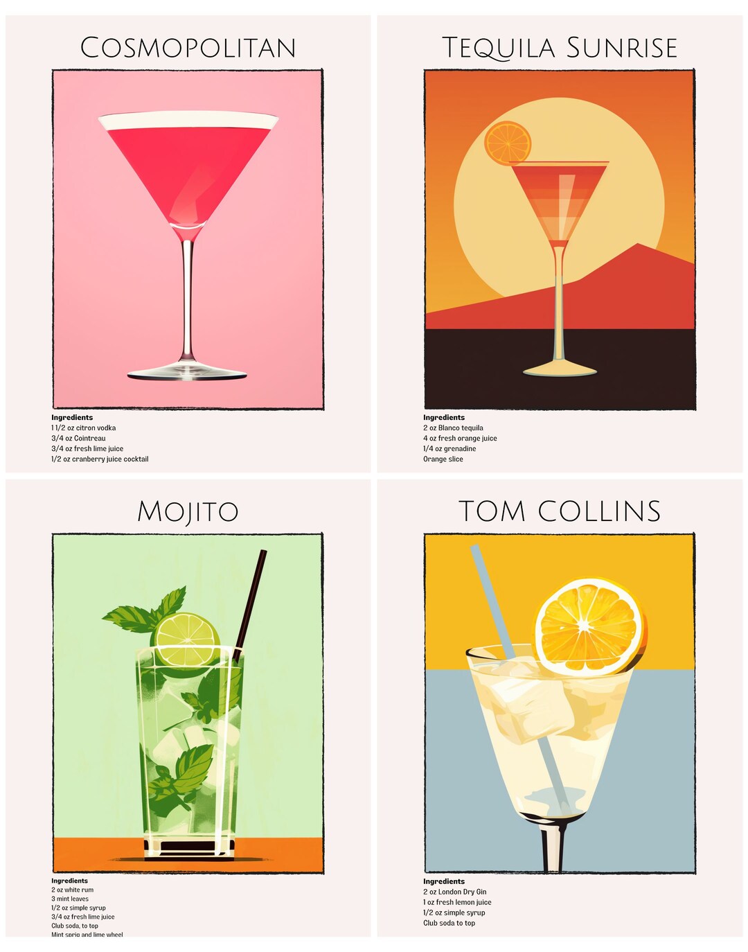 Set of 20 Cocktail Prints Classic Cocktail Wall Art Minimalist Alcohol ...