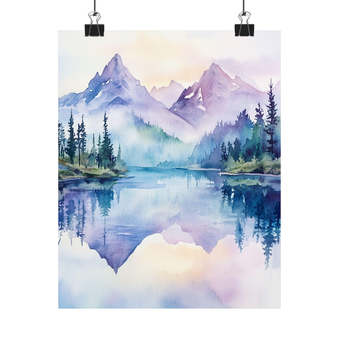 Mountain Lake Reflection Art Print | Watercolor Landscape Painting ...