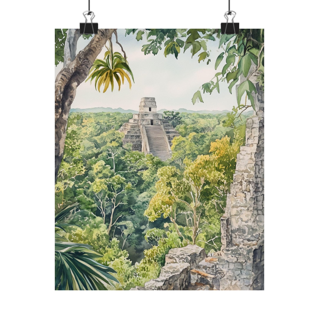 Tikal Mayan Ruins Art Print: Guatemalan Jungle Pyramid Painting - Etsy