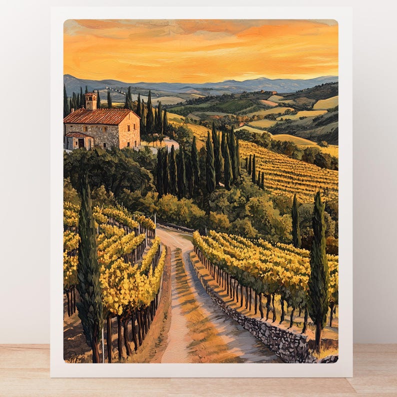 Tuscan Vineyard Sunset Art Print: Italian Landscape Wall Decor - Etsy