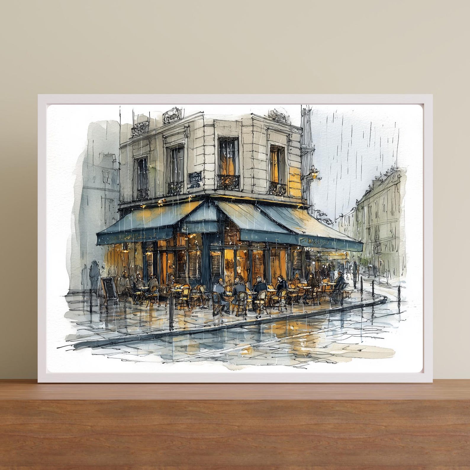 Paris Rainy Cafe Art Print: Romantic Bistro Watercolor - Etsy