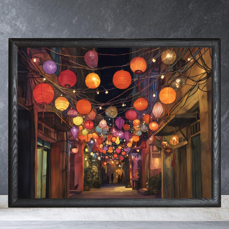 Lantern-lit Alleyway Art Print: Gouache Asian Street Scene - Etsy