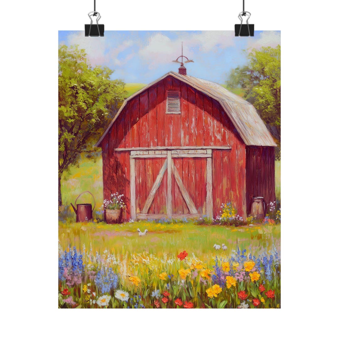 Red Barn in Spring Art | Farm Landscape Painting | Wildflower Field ...