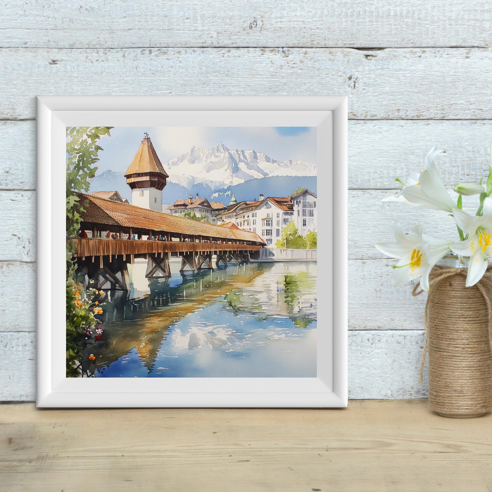 Lucerne Chapel Bridge Watercolor Print: Swiss Alpine Travel Poster - Etsy