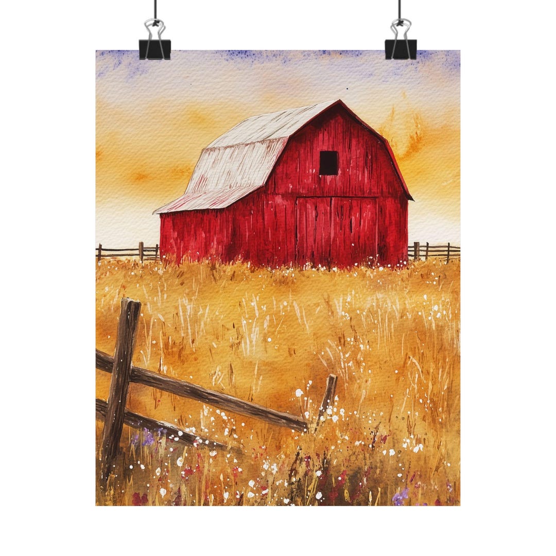 Red Barn Watercolor Painting: Rustic Farmhouse Landscape Art Print - Etsy