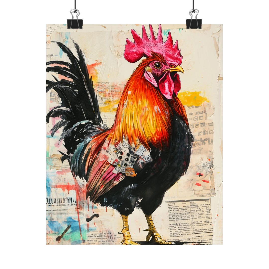 Punk Rock Rooster Art Print | Mixed Media Rooster | Colorful Farmhouse ...