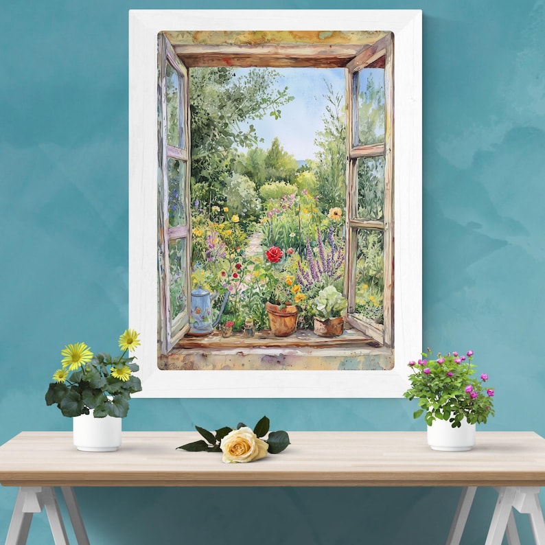 Cottage Garden Window View Art Print: Floral Window Landscape Painting ...
