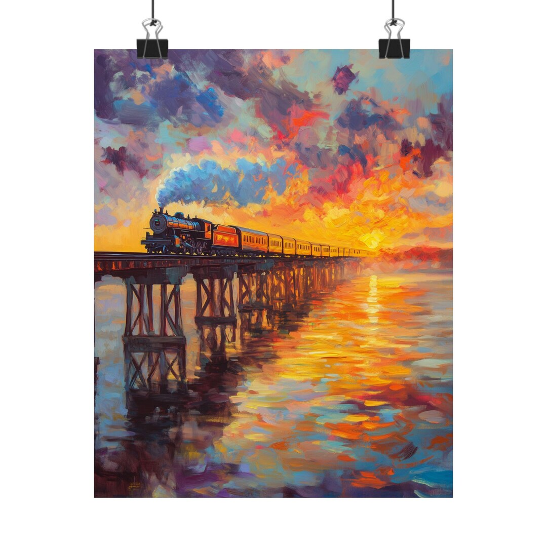Sunset Train Art Print: Railway Bridge Landscape - Etsy