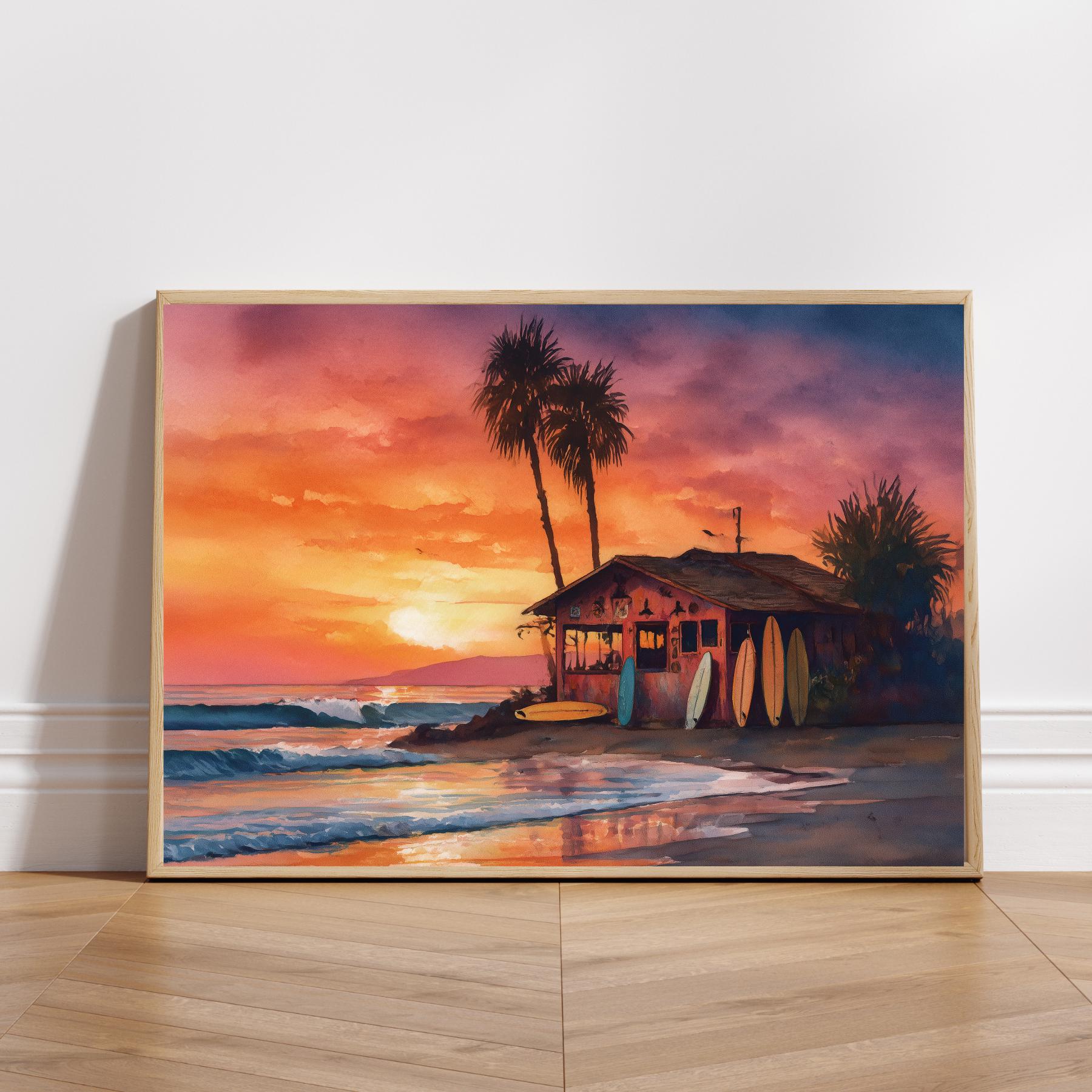 Sunset Beach Surf Shack Art Print – Coastal Palm Tree Wall Decor - Etsy