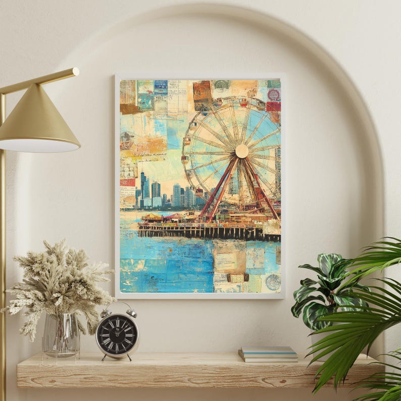 Chicago Ferris Wheel Art Print: Navy Pier Vintage Mixed Media - Etsy