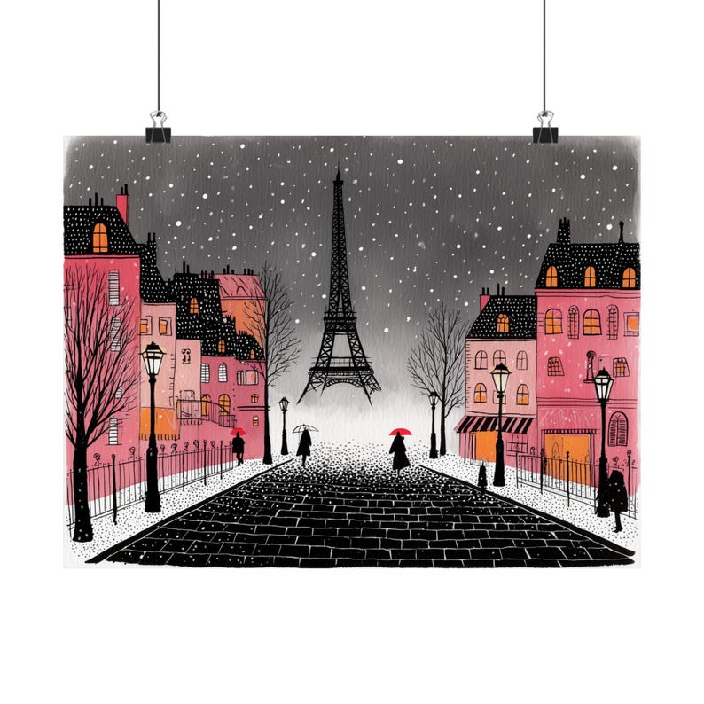 Paris Snowfall Art Print: Whimsical Pink French Street Scene, Eiffel ...