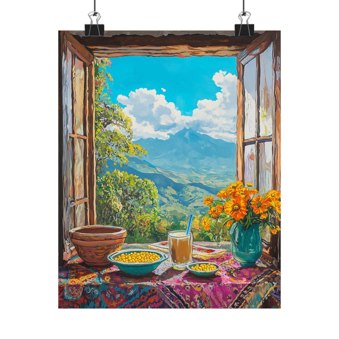 Guatemalan Window View Painting | Still Life Mountain Landscape Print ...