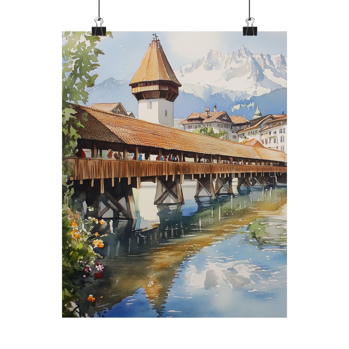 Lucerne Chapel Bridge Watercolor Print: Swiss Alpine Travel Poster - Etsy