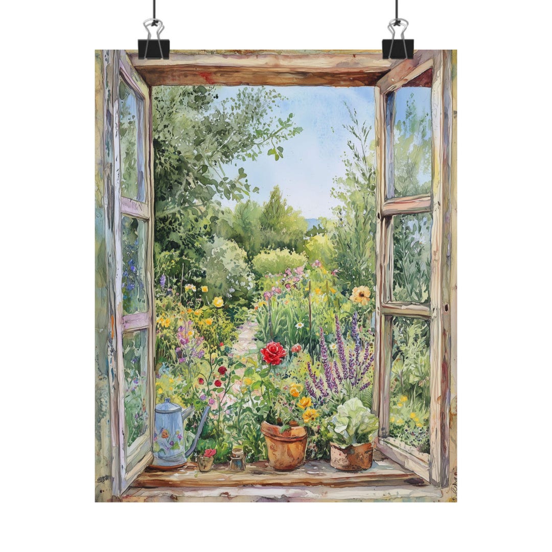 Cottage Garden Window View Art Print: Floral Window Landscape Painting ...