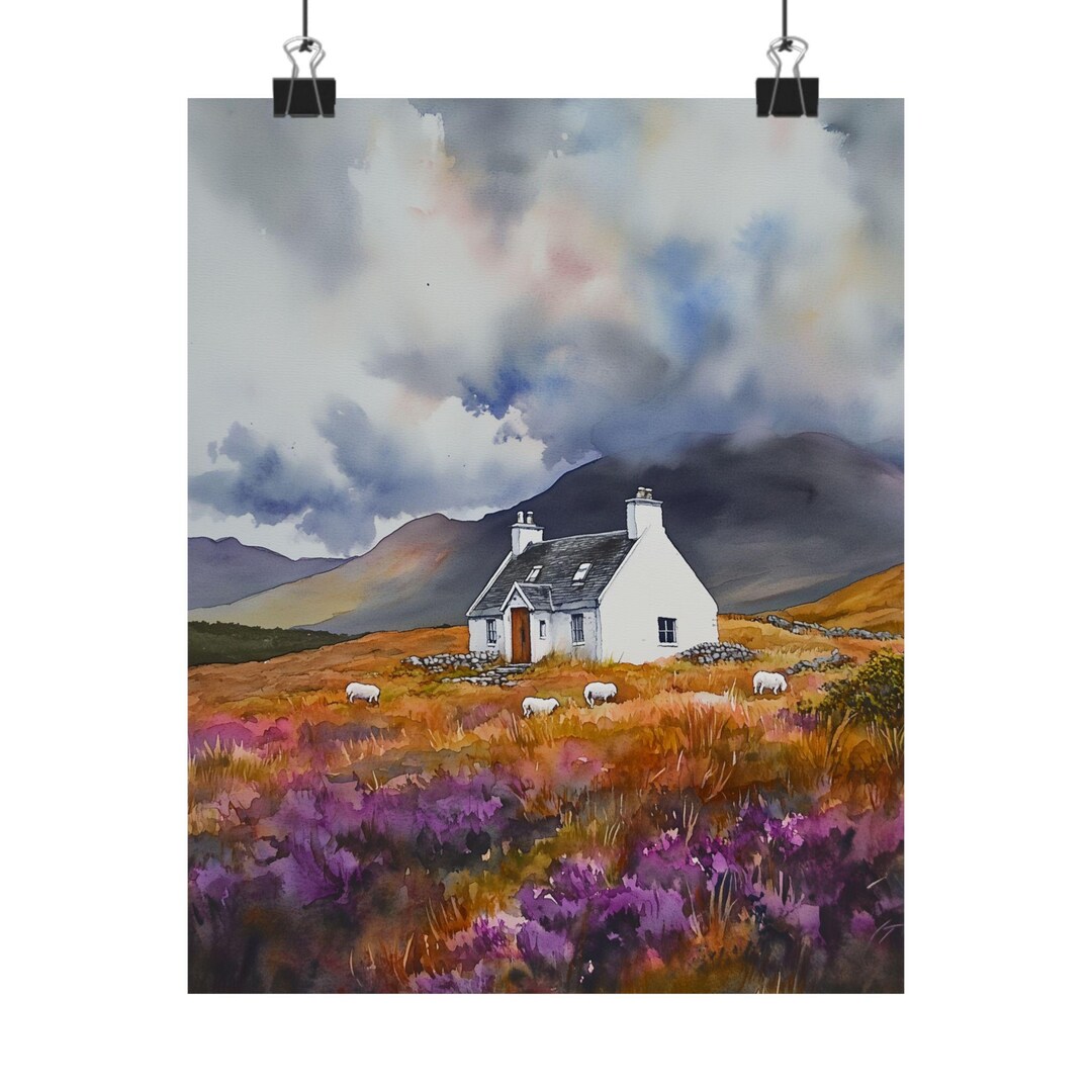 Scottish Highlands Watercolor Print: Stormy Sky, Sheep Meadow Art - Etsy