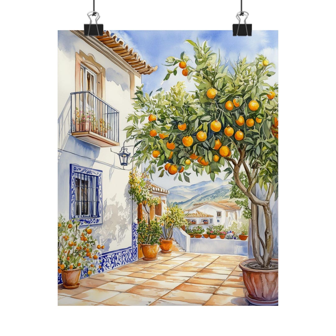 Andalusian Orange Tree Art Print | Portuguese Courtyard Painting ...