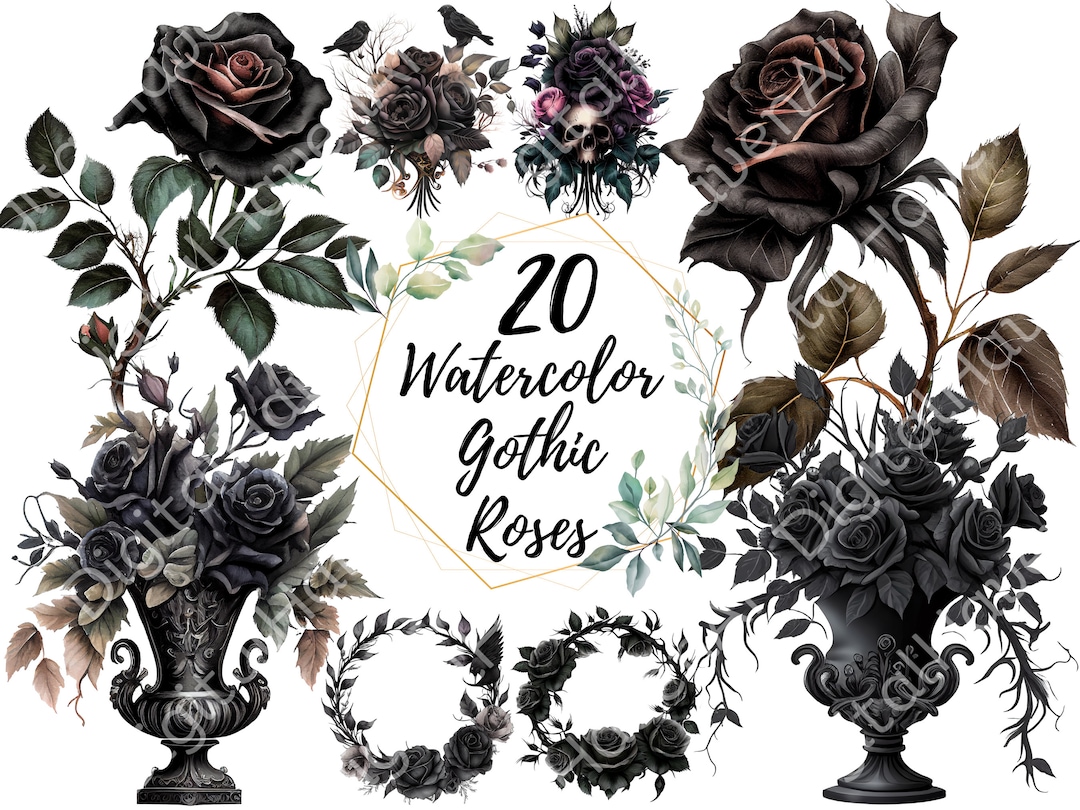 Gothic Roses Clipart Set - Black Flowers Watercolor Clip Art - Fantasy ...