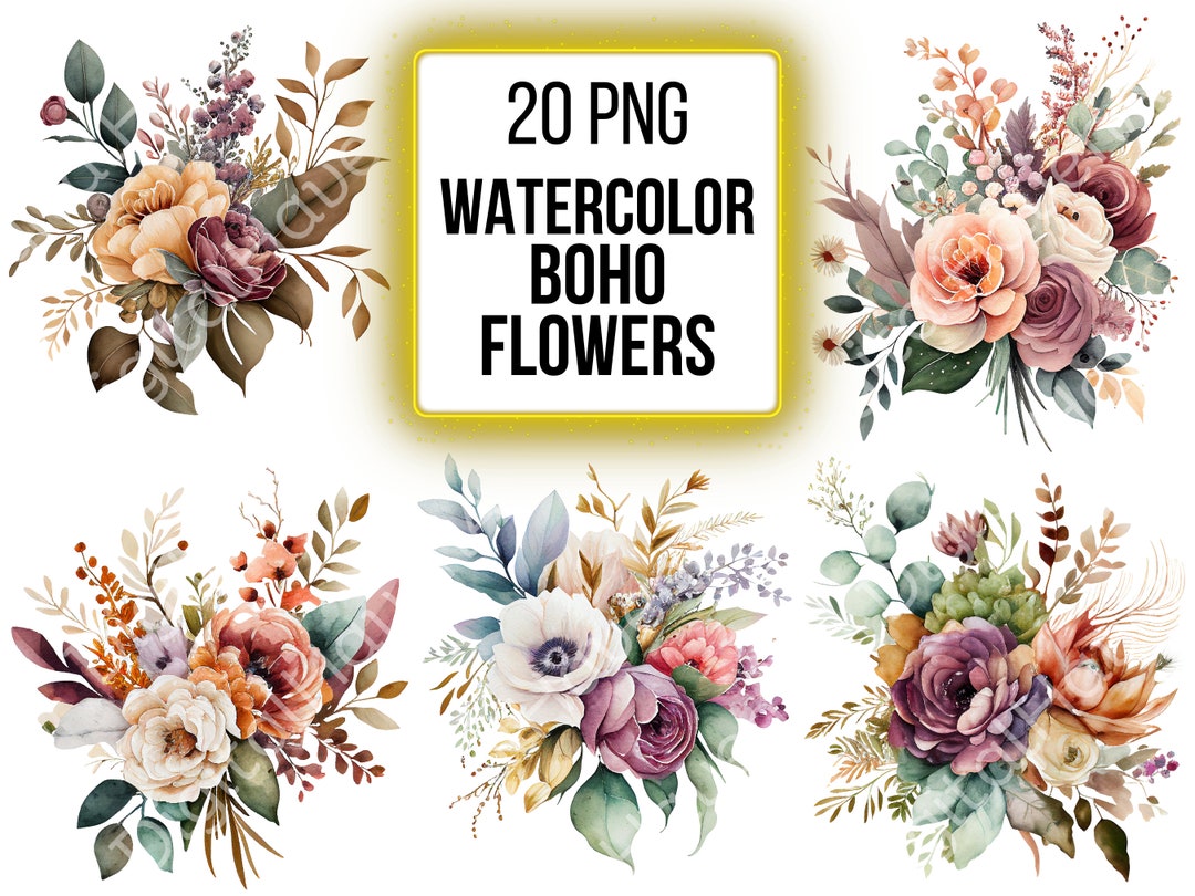 Watercolor Clipart Boho Flowers Clip Art Bundle for Wedding Invitation ...