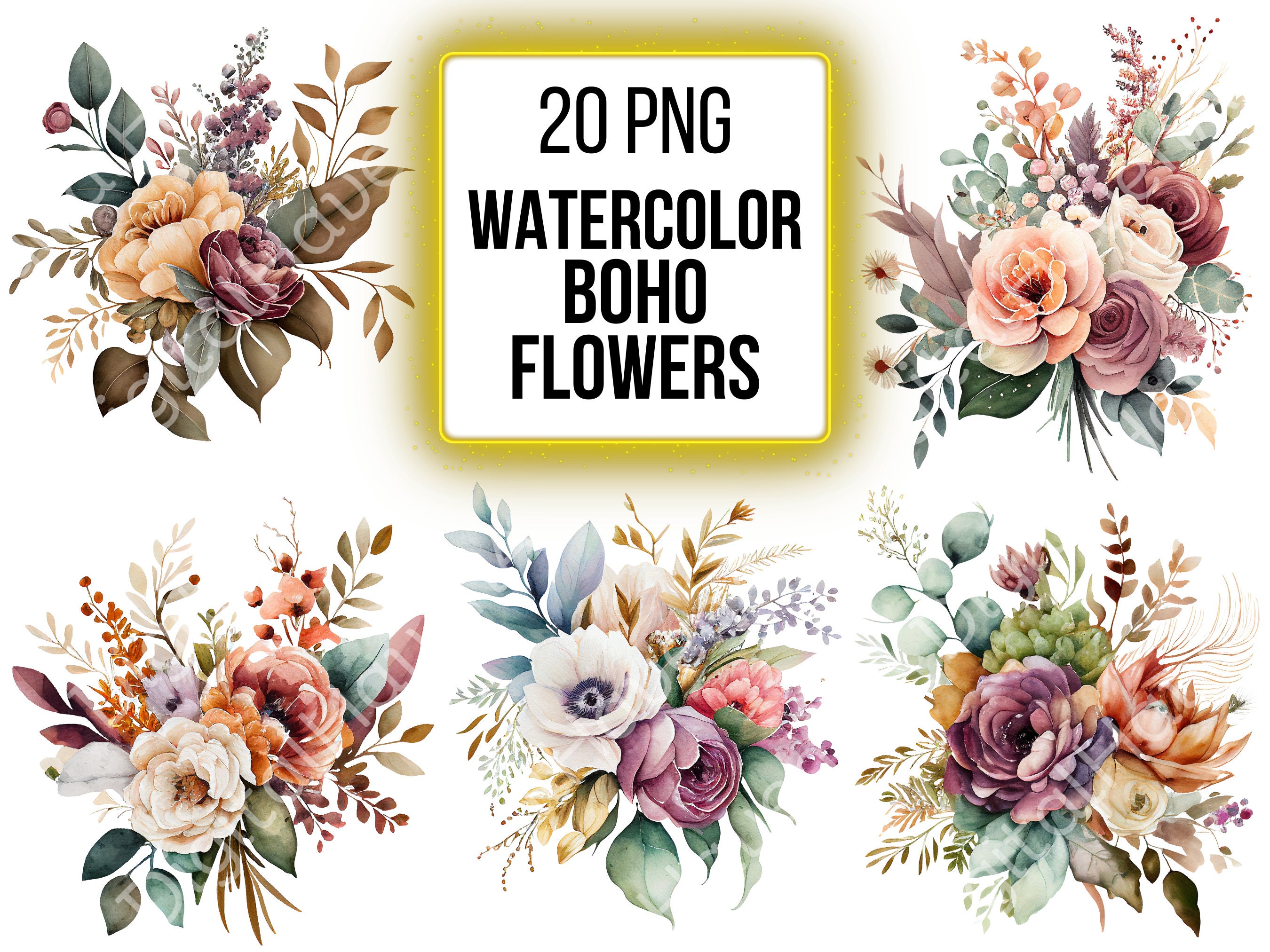 Watercolor Clipart Boho Flowers Clip Art Bundle for Wedding Invitation ...