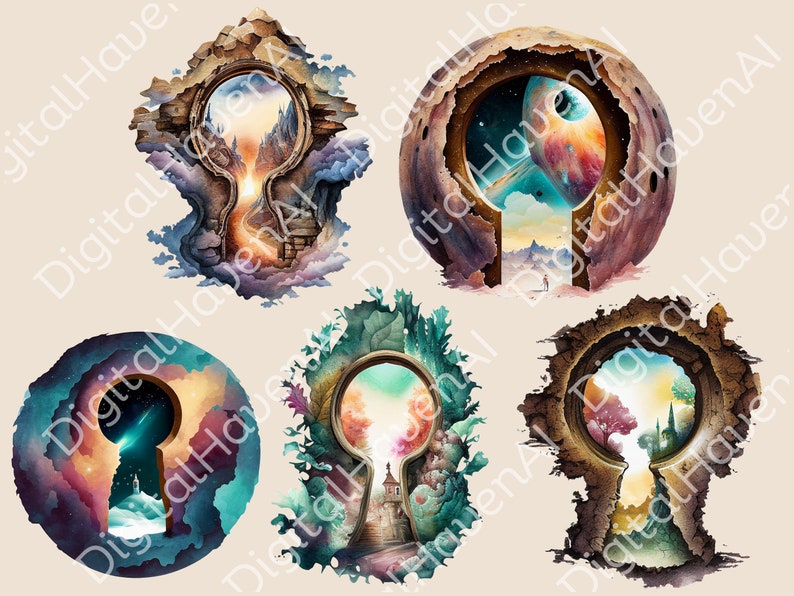 Watercolor Clipart PNG Keyhole Fantasy Clip Art Magical Landscape ...