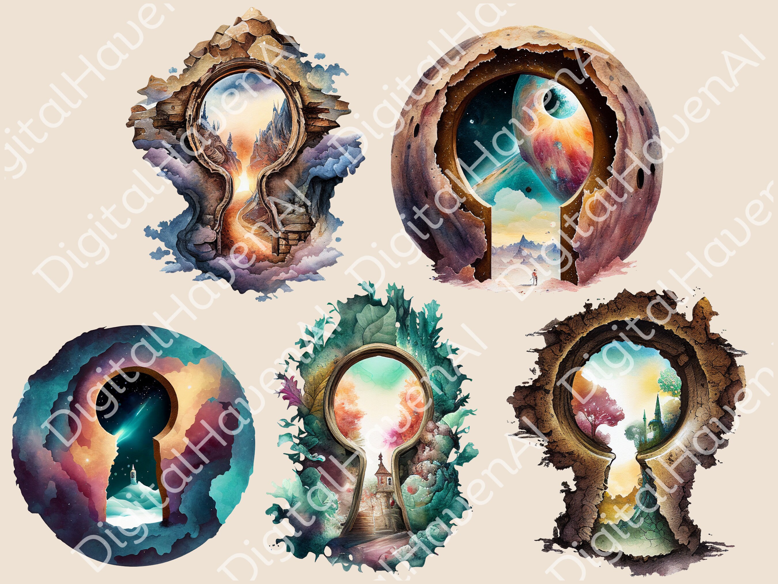 Watercolor Clipart PNG Keyhole Fantasy Clip Art Magical Landscape ...