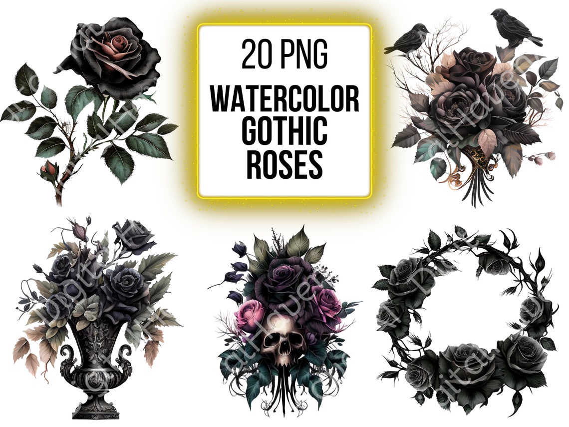 Watercolor Clipart Gothic Roses PNG Clip Art Rose Flowers Black Fantasy ...