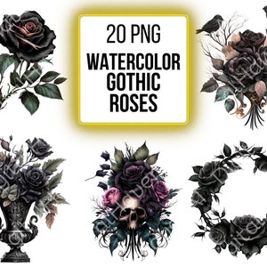 Watercolor Clipart Gothic Roses PNG Clip Art Rose Flowers Black Fantasy ...