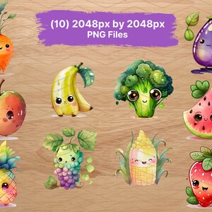 Clipart Kawaii PNG Bundle Fruit Veggie Watercolor Scrapbook Clip Art ...