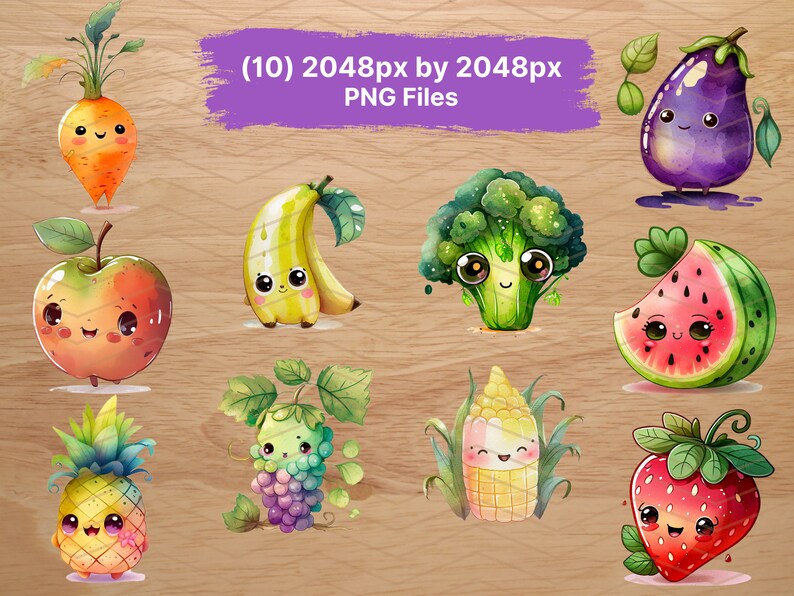 Kawaii Clipart Watercolor Fruit Veggies Fruits Clip Art - Etsy