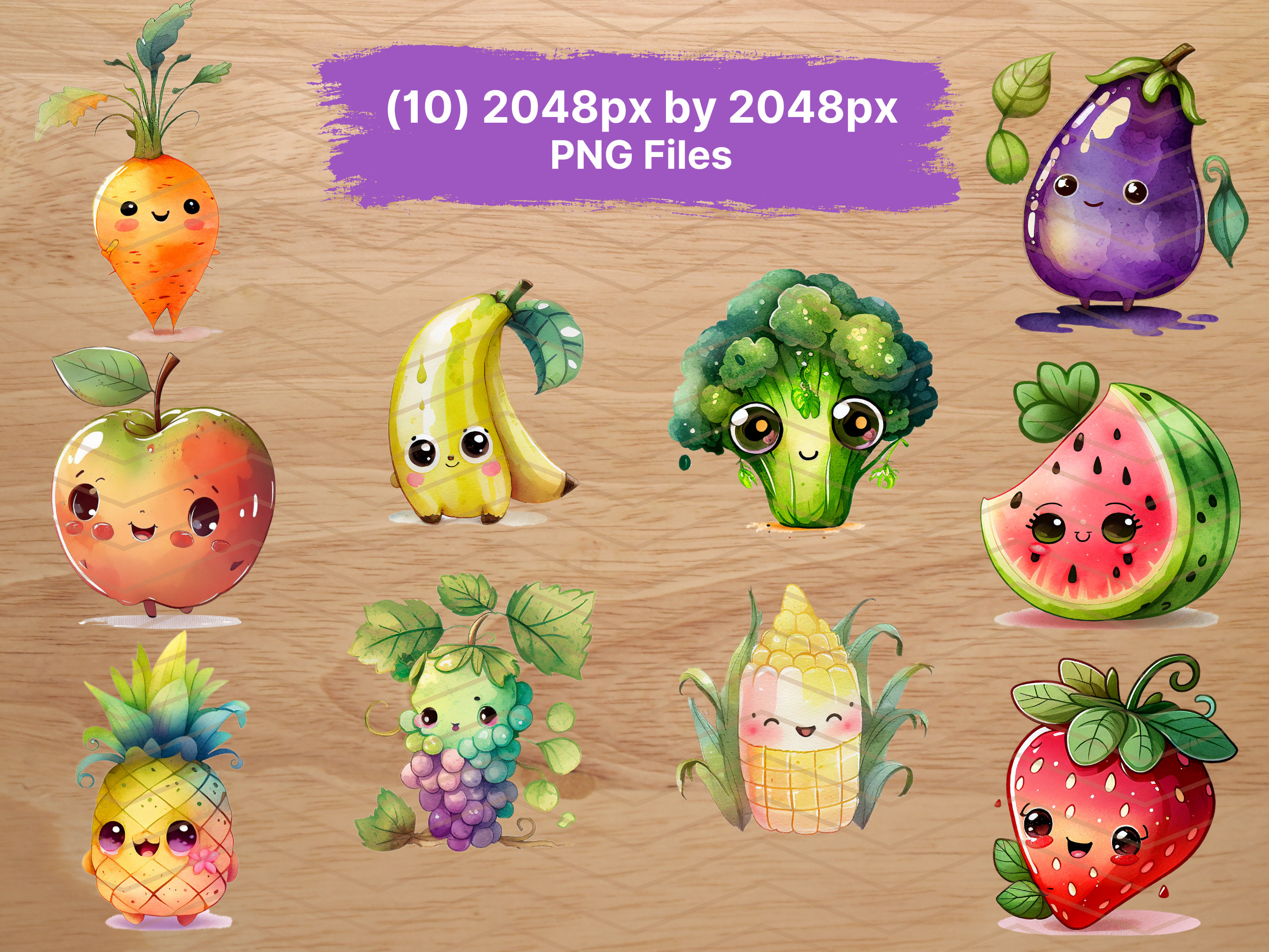 Clipart Kawaii PNG Bundle Fruit Veggie Watercolor Scrapbook Clip Art ...