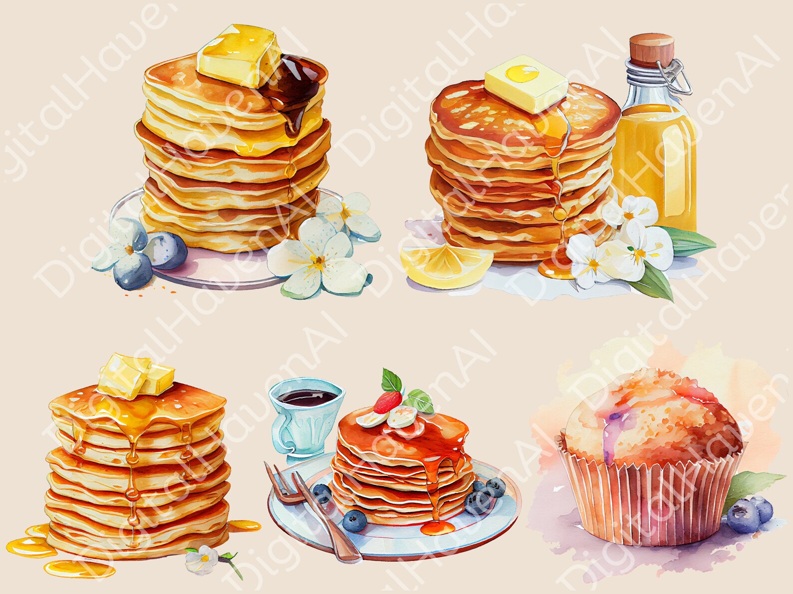 Clipart Breakfast PNG Pancakes Waffles Food Drink Watercolor Clip Art ...