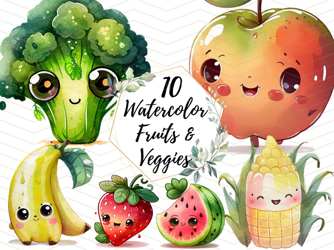 Kawaii Clipart - Watercolor Fruit Veggies - Fruits Clip Art - 10 PNG ...