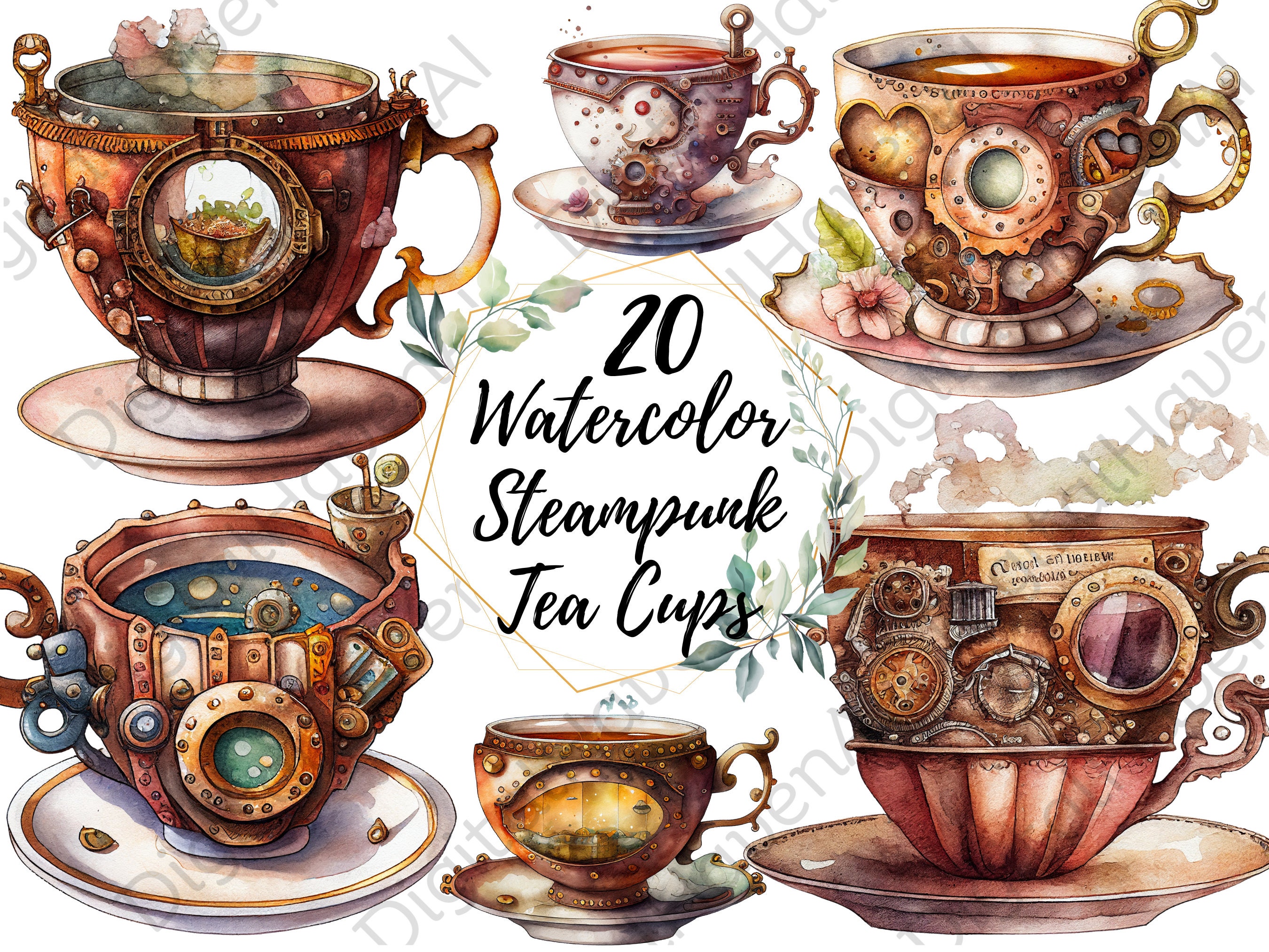 Steampunk Teacups Clipart - Watercolor Clipart - Steam Punk Tea Cup ...