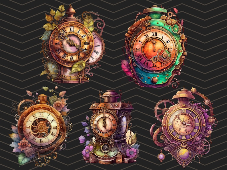 Clipart Steampunk Clocks PNG Watercolor Clip Art Steam Punk Graphic Digital Steampunk Clipart ...