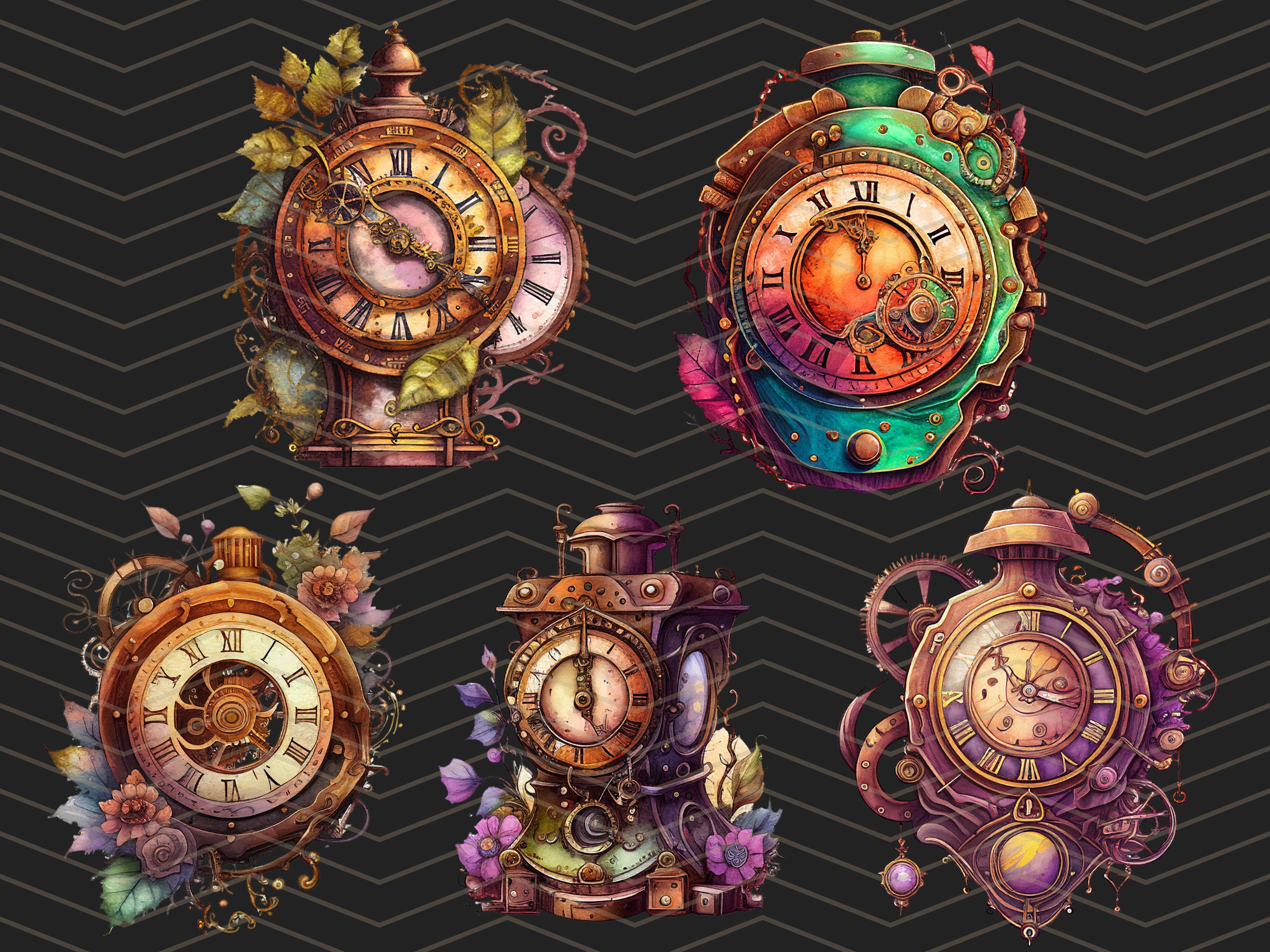 Steampunk Clocks Clipart - Watercolor Clipart - Steam Punk - Steampunk ...