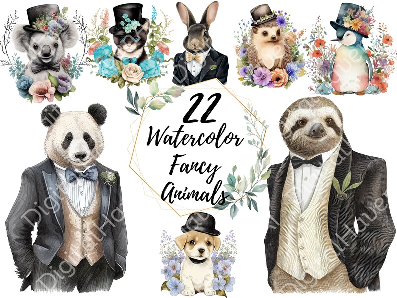 Fancy Animals Clipart Set - Watercolor Clip Art - Cute Animals ...