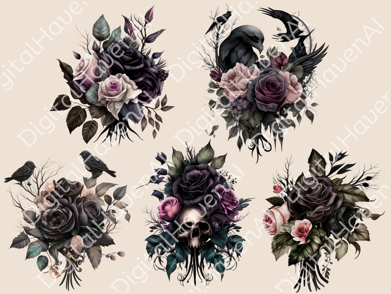 Gothic Roses Clipart Set - Black Flowers Watercolor Clip Art - Fantasy ...
