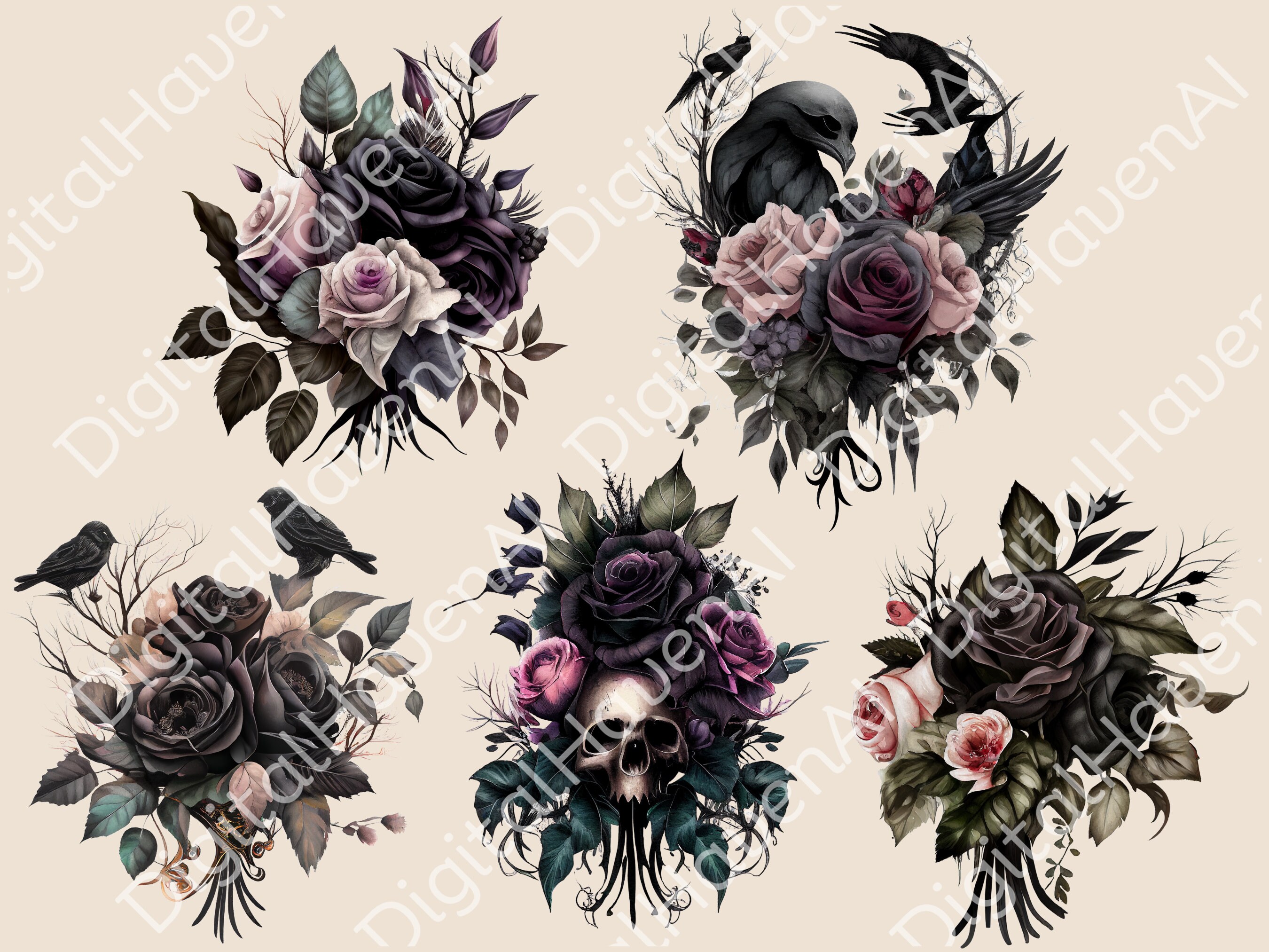 Gothic Roses Clipart Set - Black Flowers Watercolor Clip Art - Fantasy ...